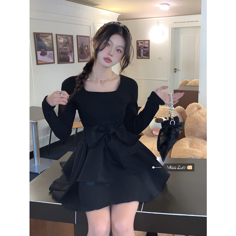 Black Dress Evening Dress Square Neck Dress Korean Dress Fashion Mini Dress Dress Party Dress